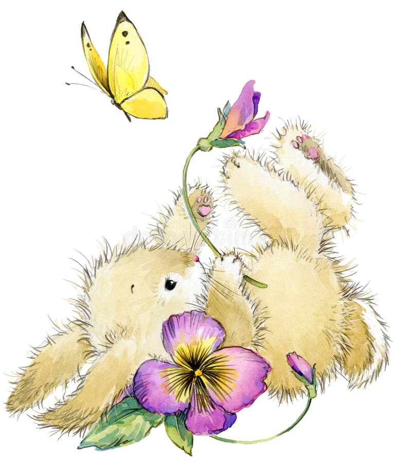Funny Rabbit and Flower Watercolor Illustration. Stock Illustration ...