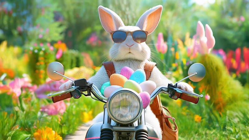 Funny Rabbit is Riding a Motorcycle with a Basket Full of Easter Eggs ...