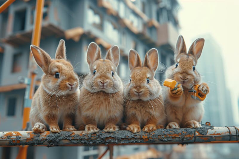 Funny Rabbits that Look Like Workers at a Construction Site Stock ...