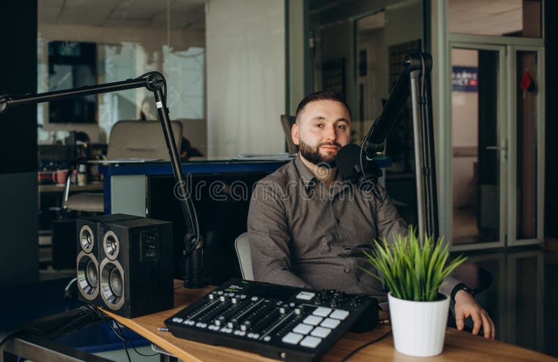 Funny Radio Presenter or Host in Radio Station Studio, Portrait of ...