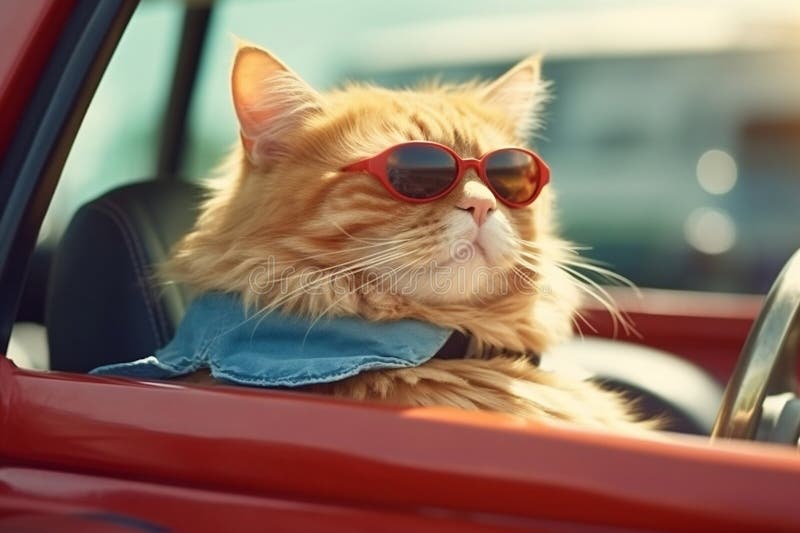Funny Red Cat in Convertible Sunny. Generative AI Stock Illustration ...
