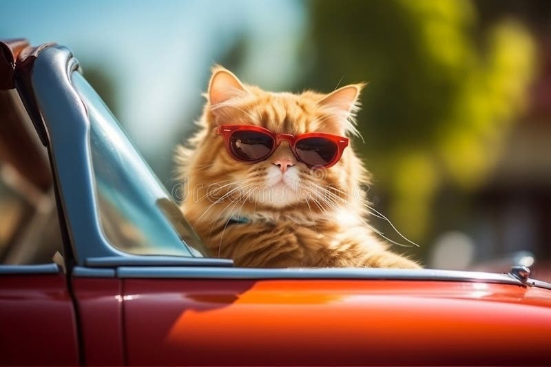 Funny Red Cat in Convertible Sunny. Generative AI Stock Illustration ...