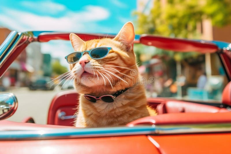 Funny Red Cat in Convertible Sunny. Generative AI Stock Illustration ...