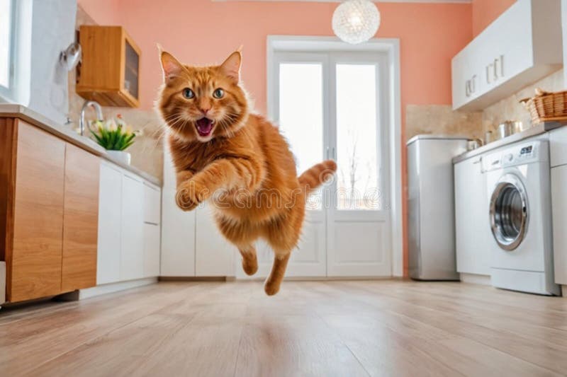 A Funny Red Cat is Jumping in the Room. Crazy Playful Cat Jumping ...