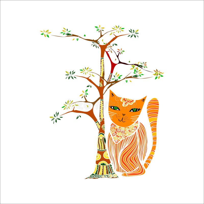 Funny Red Cat and Tree. Illustration in Ethnic Style Stock Vector ...