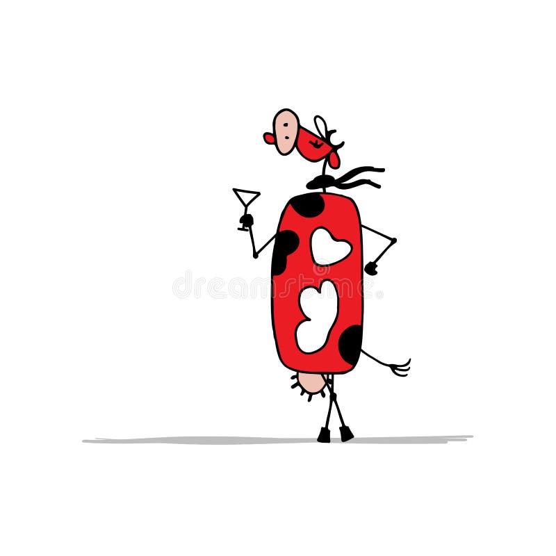Funny Red Cow on the Party, Sketch for Your Design Stock Vector ...