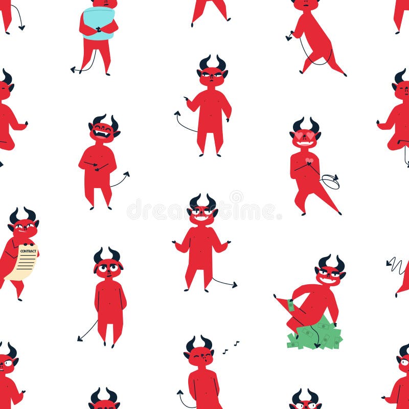 Funny Red Devil Flat Vector Seamless Pattern. Comic Satan, Cute Demon ...