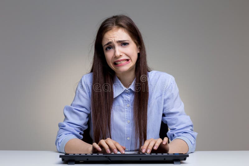 Funny Regretful Woman Using Keyboard Stock Photo - Image of keypad ...