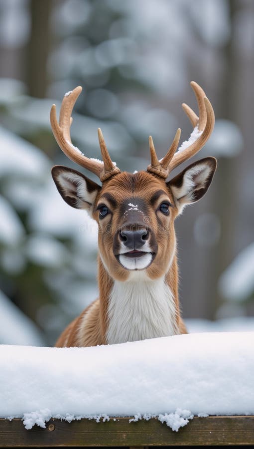 A Funny Reindeer Pokes Its Head from a Snowy Wall Stock Illustration ...
