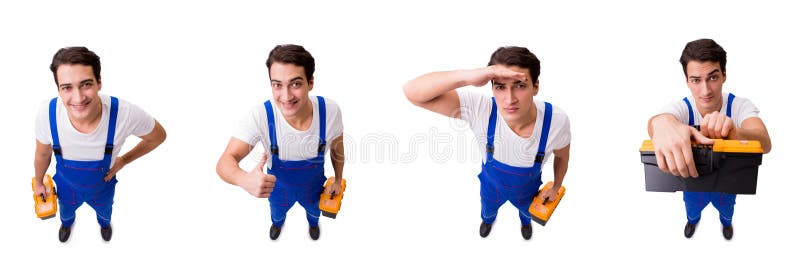 The Funny Repairman with Tools Isolated on White Stock Photo - Image of ...
