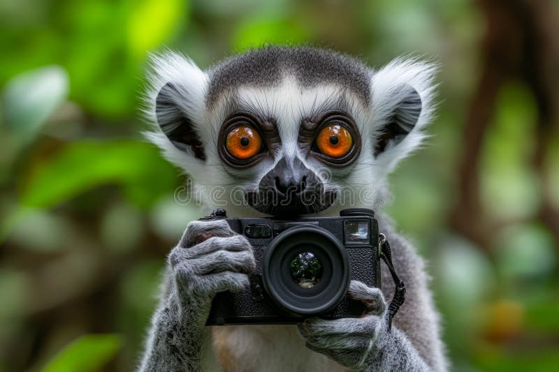 Funny Ring-tailed Lemur Using a Camera in a Tropical Forest, Wildlife ...