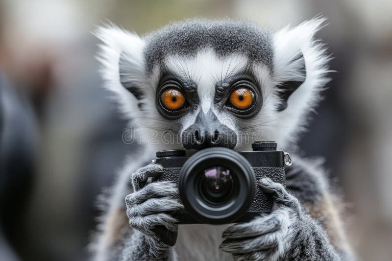 Funny Ring-tailed Lemur Using a Vintage Camera, Like a Photographer ...