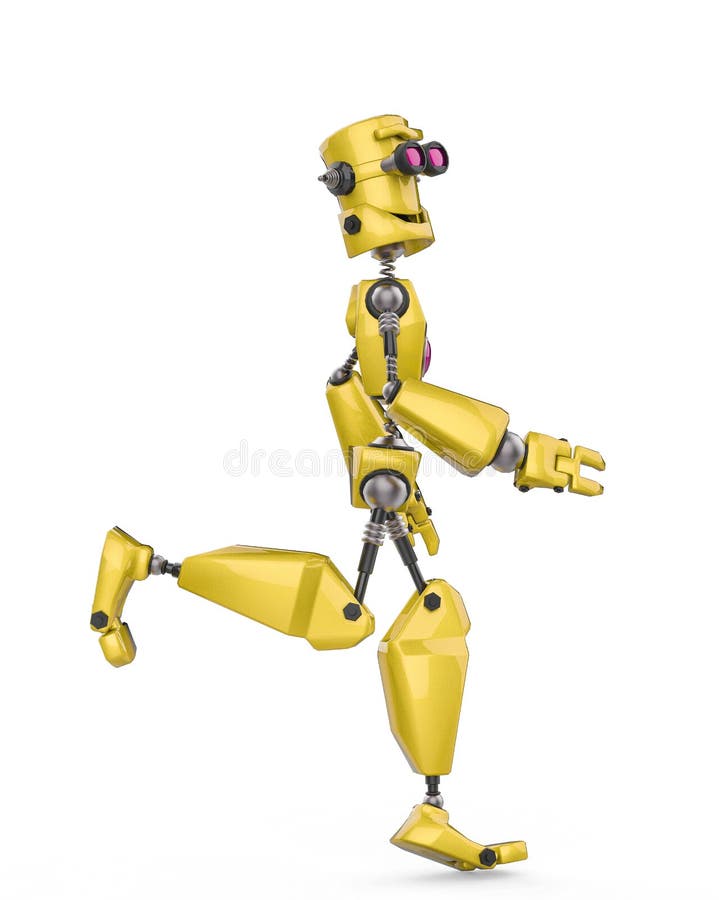 Funny Robot Cartoon Jogging in a White Background Side View Stock ...