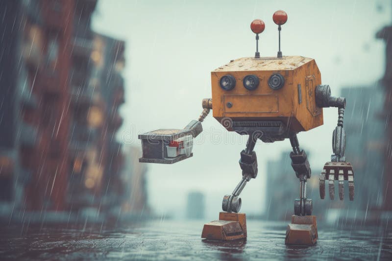 Funny Robot with Rectangular Head Holds Cardboard Box Stock ...