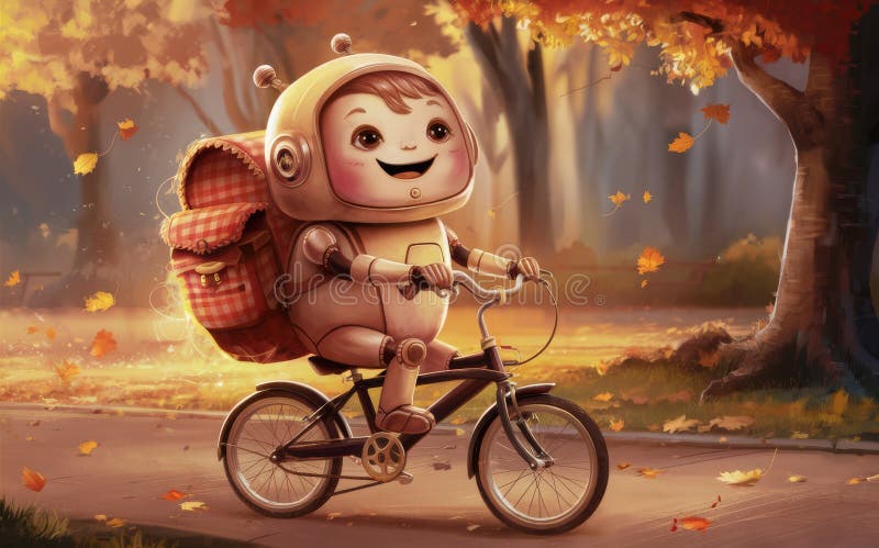 Funny Robot Rides a Bicycle in the Autumn Park Stock Illustration ...