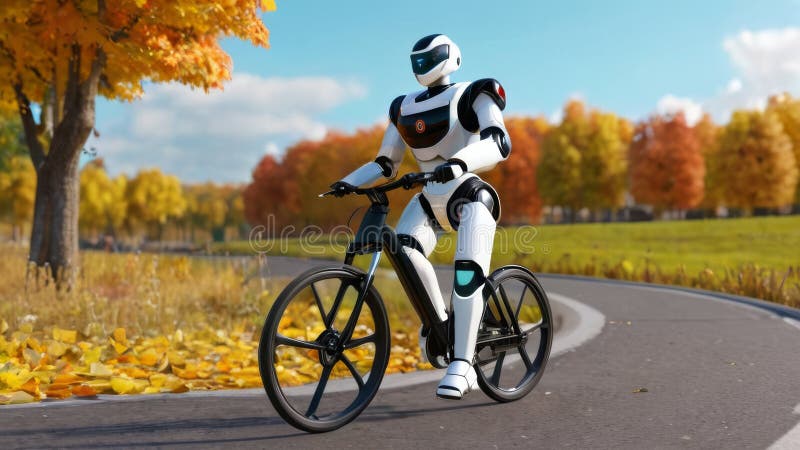 Funny Robot Rides a Bicycle in the Autumn Park Stock Illustration ...