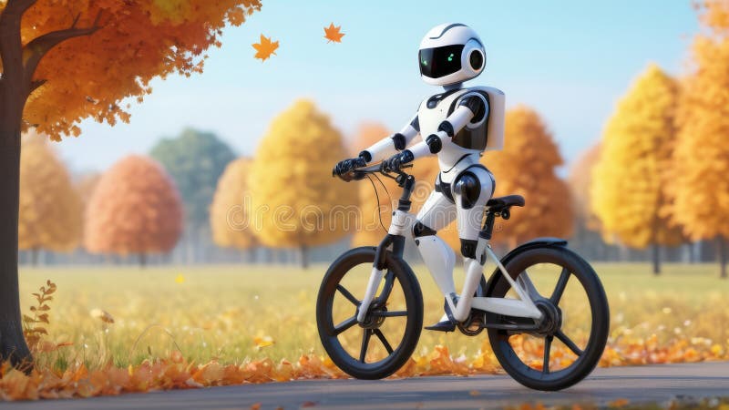 Funny Robot Rides a Bicycle in the Autumn Park Stock Illustration ...