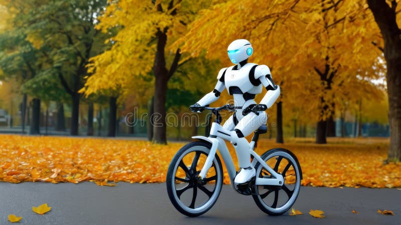 Funny Robot Rides a Bicycle in the Autumn Park Stock Illustration ...