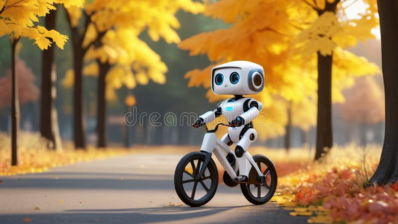 Funny Robot Rides a Bicycle in the Autumn Park Stock Illustration ...