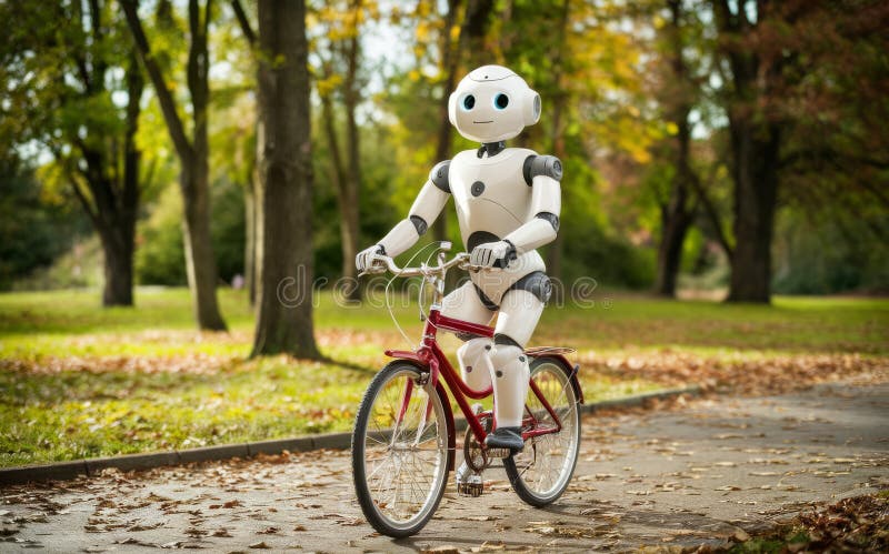 Funny Robot Rides a Bicycle in the Autumn Park Stock Illustration ...