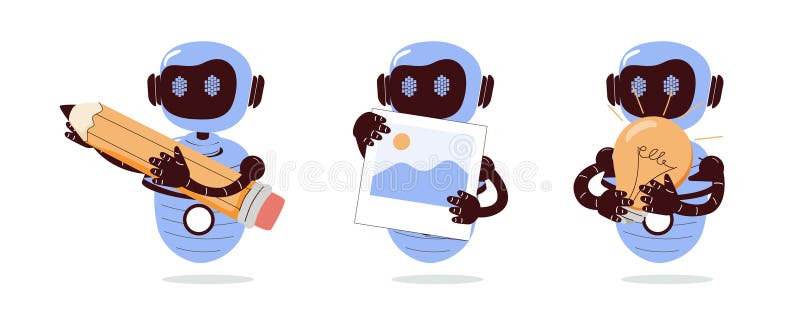 Funny Robot Set. Cute Cyborg or Chat Bot Creating Artwork, Drawing Text ...
