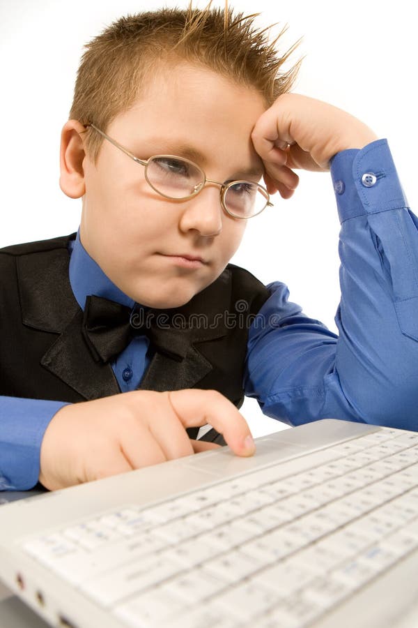 Frustrated Boy in White Shirt in Front of Laptop Computer Stock Image ...