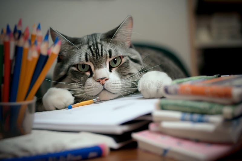 Funny School Cat Doing Homework Generative AI Stock Illustration ...