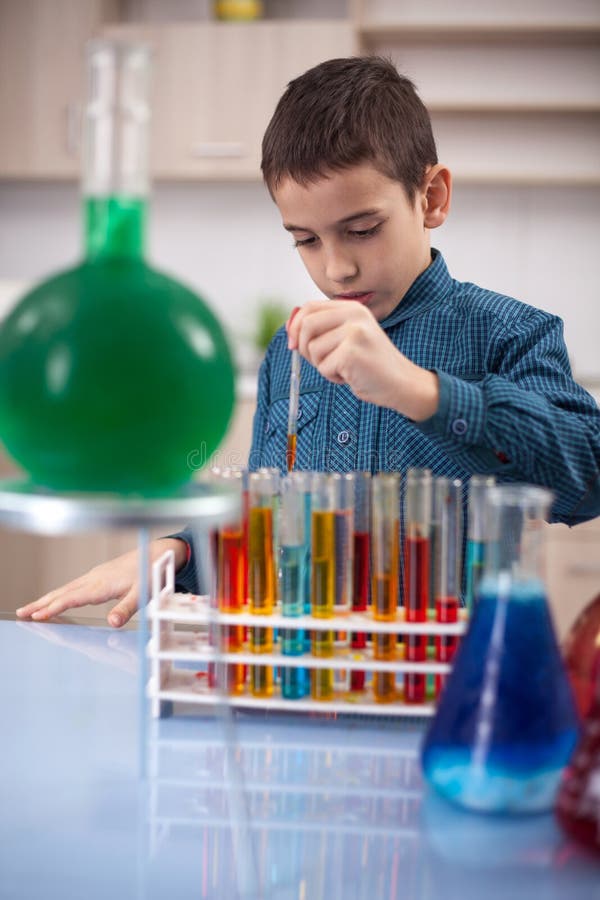 Schoolboy Working in Chemistry Lab Stock Image - Image of medicine ...