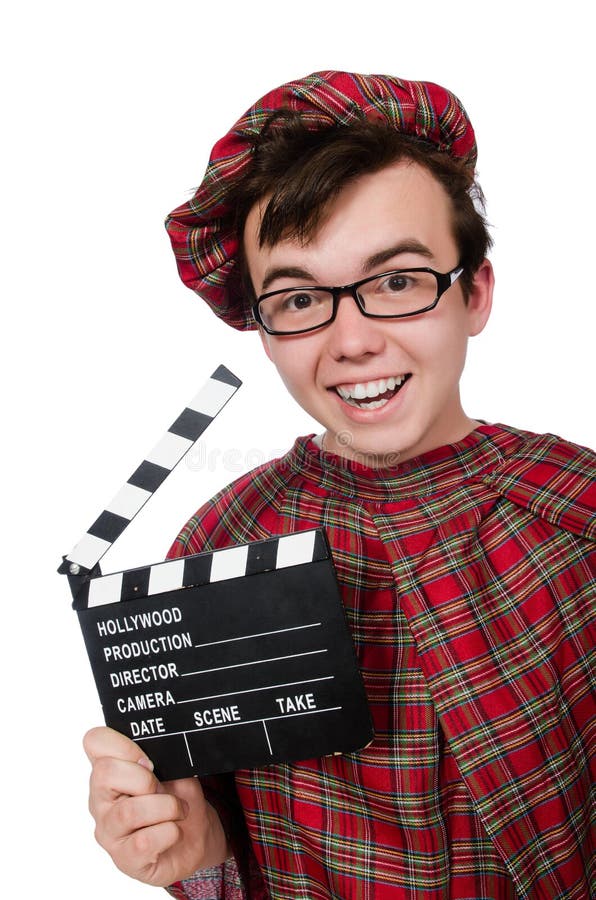 Funny Scotsman with Movie Board Stock Photo - Image of costume, male ...