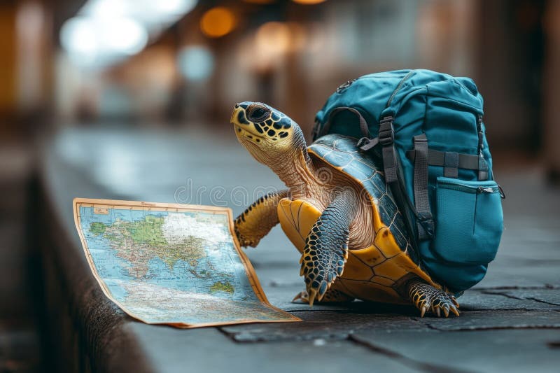 Funny Sea Turtle Wearing Backpack is Checking World Map, Planning Next ...