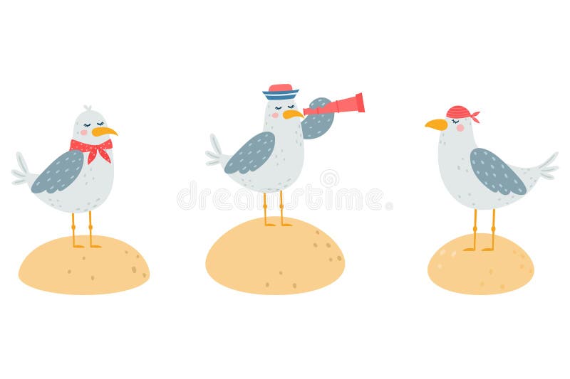 Funny Seagull Characters Vector Illustration. Simple Cartoon Style ...