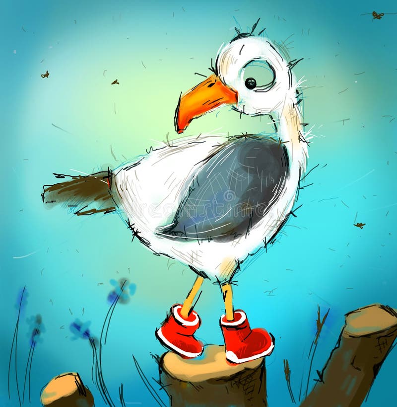 Funny Seagull Sitting on a Marine Buoy, Cute Comic Bird Character ...