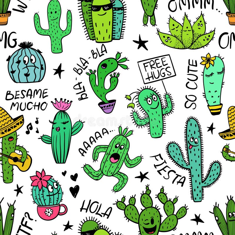 Funny Seamless Pattern of Cactus Characters. Stock Vector - Illustration of character, drawn ...