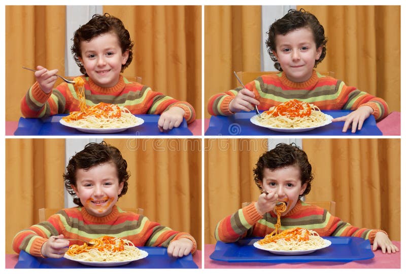Funny Sequece with a Child Eating Spaghetti Stock Image - Image of ...