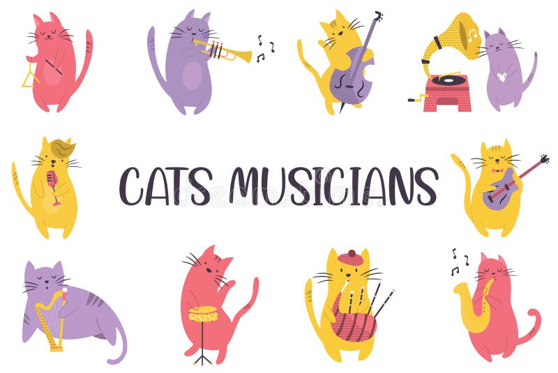 Funny Set with Adorable Cats and Musical Instruments Stock Vector ...