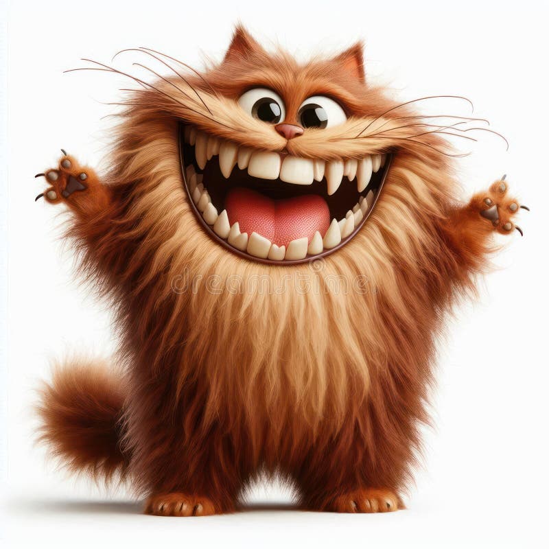 Funny Shaggy Cat with a Big Smile and Big Teeth on a White Background ...