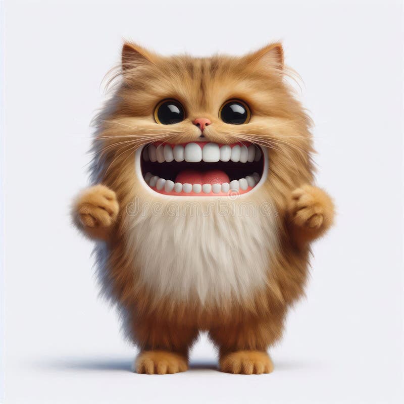 Funny Shaggy Cat with a Big Smile and Big Teeth on a White Background ...