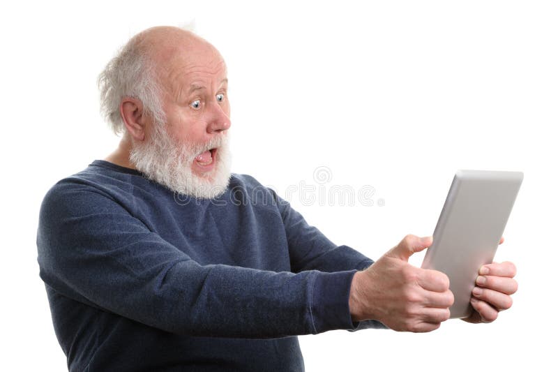 Funny Shocked Old Man Using Tablet Computer Isolated on White Stock ...
