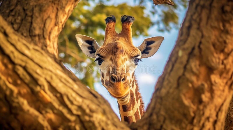 Funny Shy Giraffe Hiding and Peeking Out from Behind a Tree Generative ...