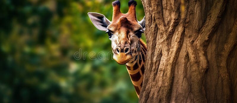 Funny Shy Giraffe Hiding and Peeking Out from Behind a Tree Generative ...