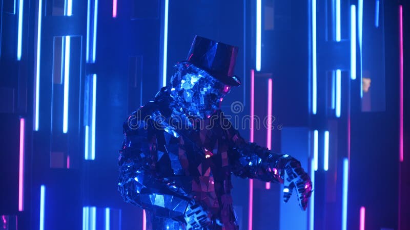 Funny Silver Man Dancing Making Hand Movements in Neon Blue Purple ...