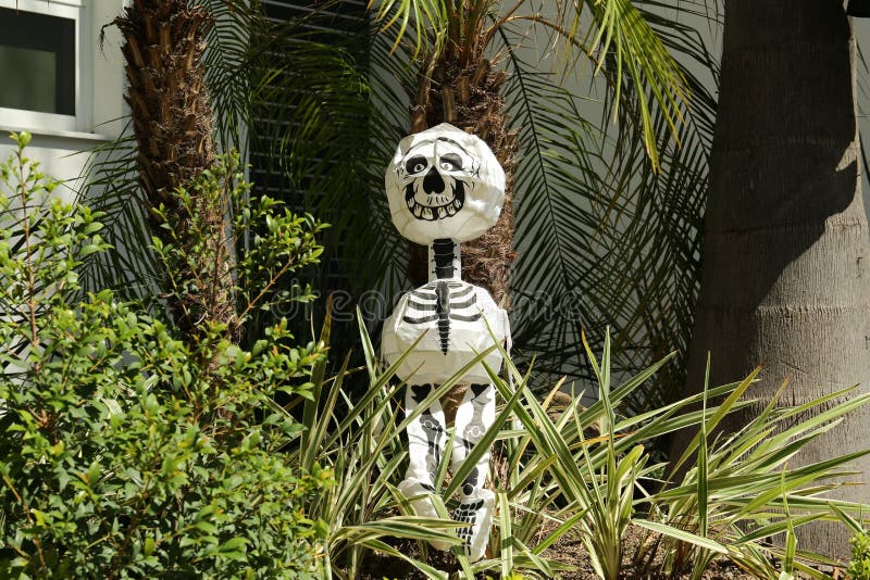 Funny Skeleton in Garden on Sunny Day. Halloween Decor Stock Photo ...