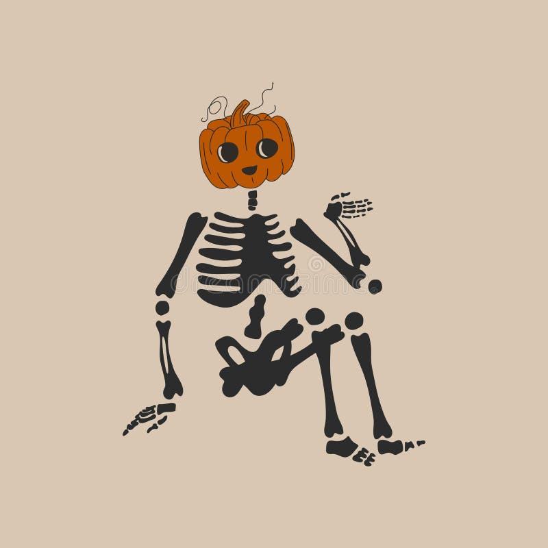 Funny Skeleton with a Pumpkin Head. Stock Vector - Illustration of ...