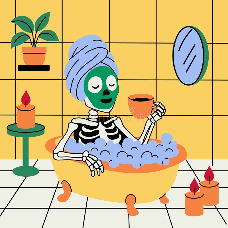Funny Skeleton Spa Day with Green Mask and Bubbles Stock Vector ...