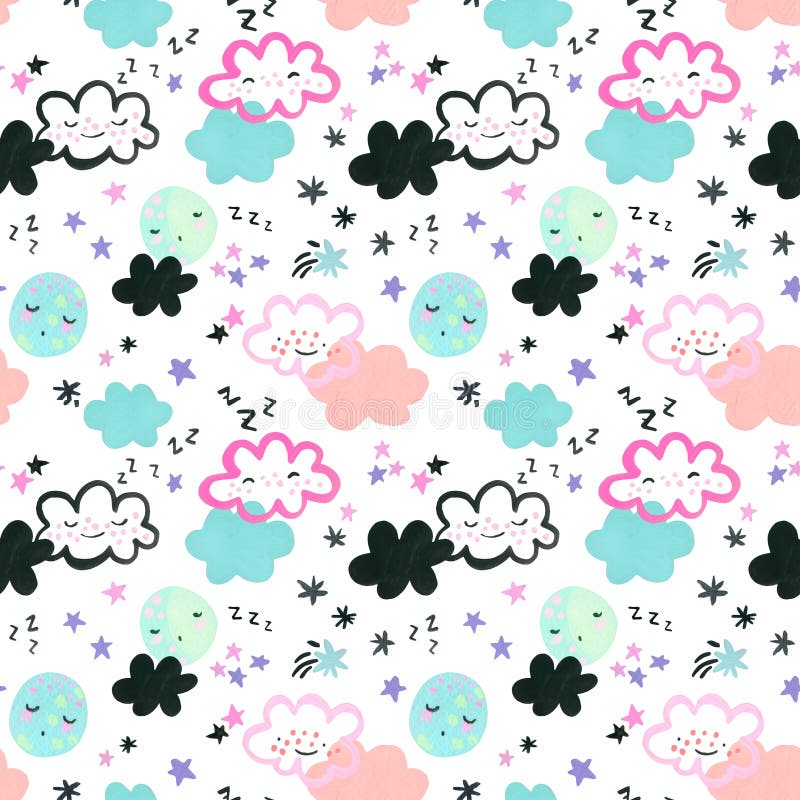 Funny Sleeping Moons Clouds Stars Background Nursery Art Seamless