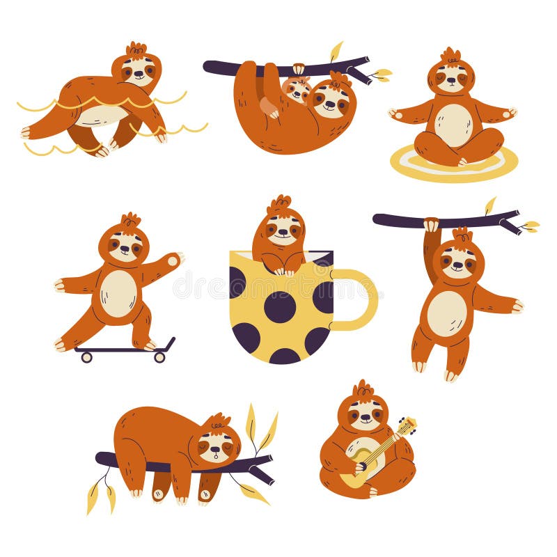 Funny Sloth Animal Character Do Different Activity Vector Set Stock ...