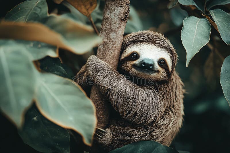 Funny Sloth Hanging on Tree Branch Stock Illustration - Illustration of ...