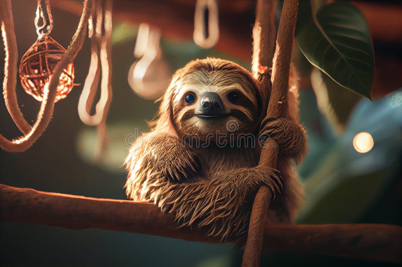 Funny Sloth Hanging on Tree Branch.generative Ai Stock Illustration ...