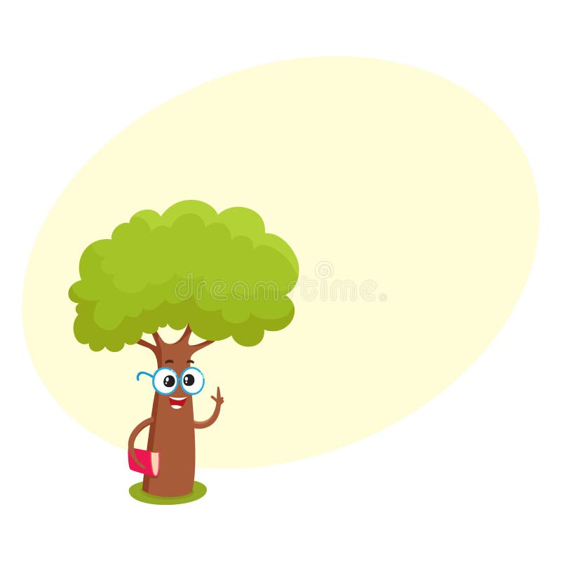 Funny Smart Comic Tree Character in Round Glasses Holding Book Stock ...