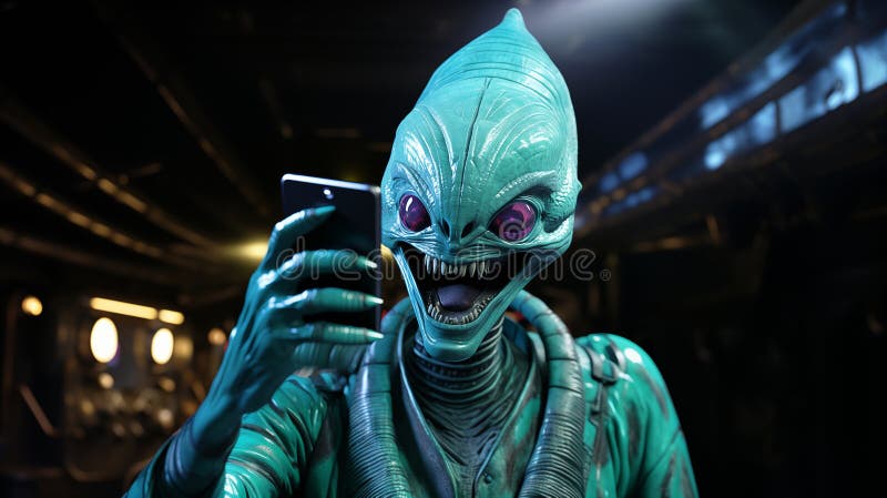 Funny Smiling Alien Creature Using a Cell Phone To Make a Selfie Photo ...